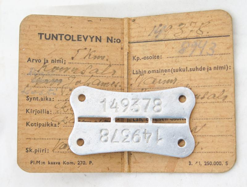 Dragoon Militaria | WW2 Finnish identification disc with matching ID card